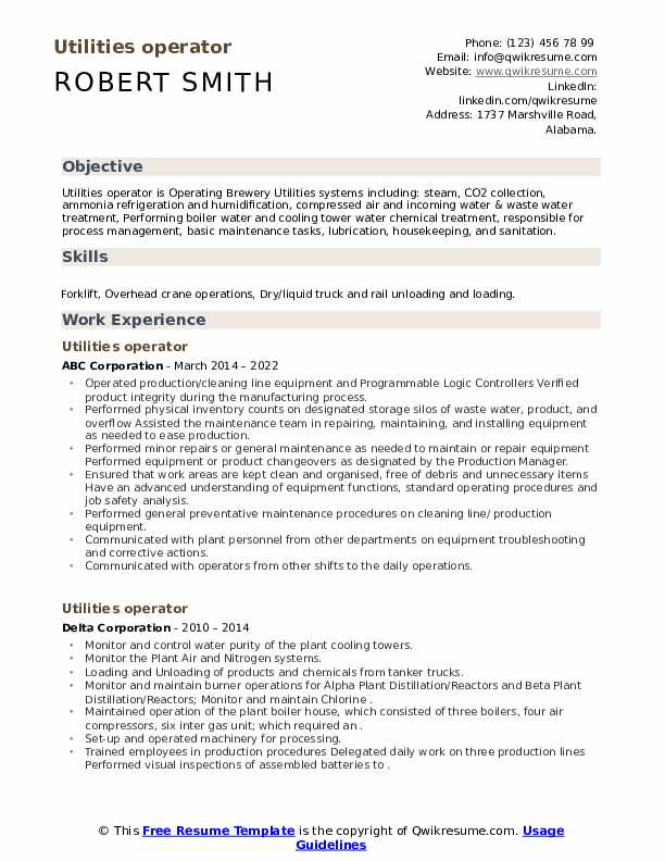 Utilities operator Resume Samples | QwikResume