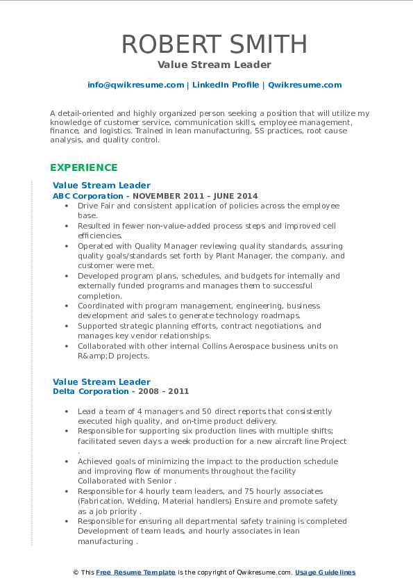 Value Stream Leader Resume Samples | QwikResume