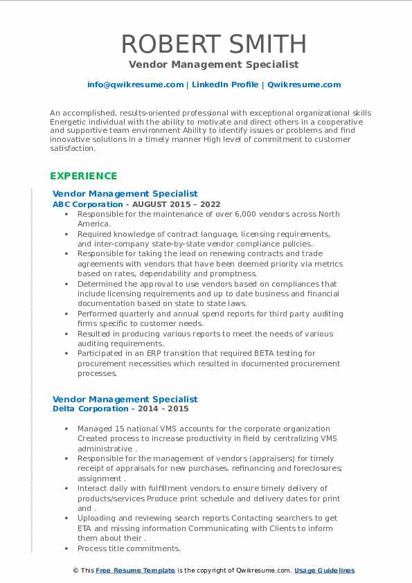 Vendor Management Specialist Resume Samples | QwikResume