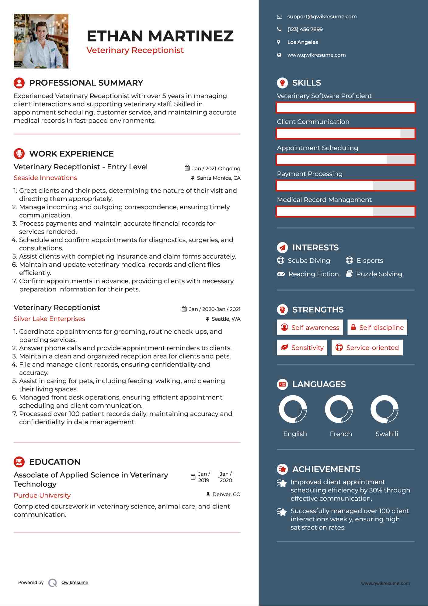 Veterinary Receptionist Resume Samples QwikResume
