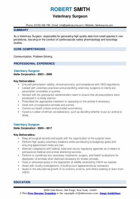 Veterinary Surgeon Resume Samples | QwikResume