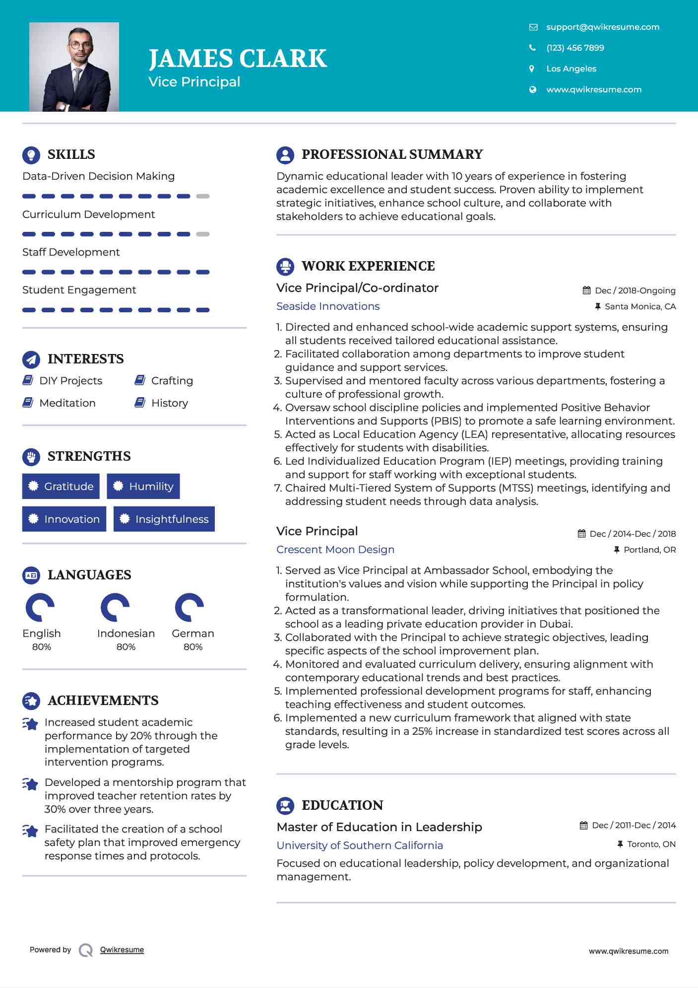 Vice Principal Resume Samples QwikResume