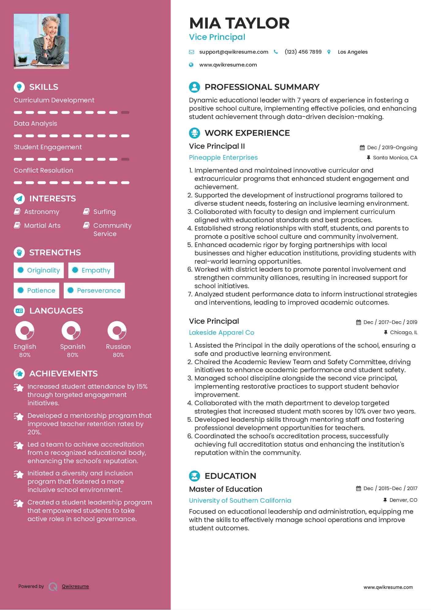 Vice Principal Resume Samples QwikResume