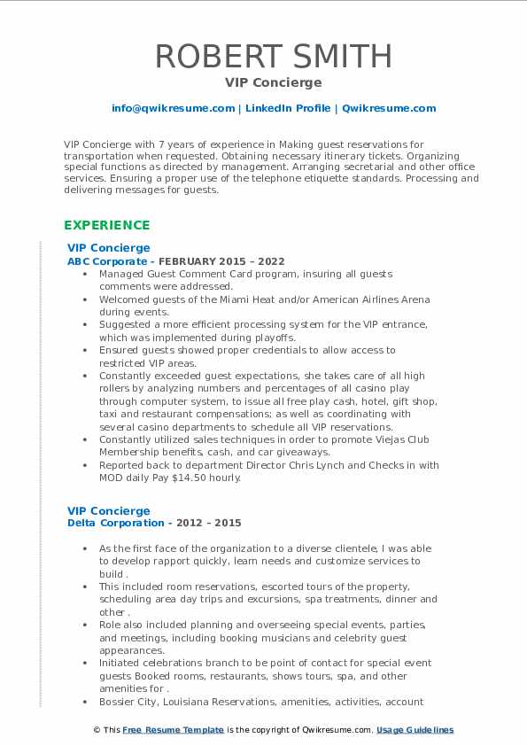 VIP Concierge Resume Samples | QwikResume