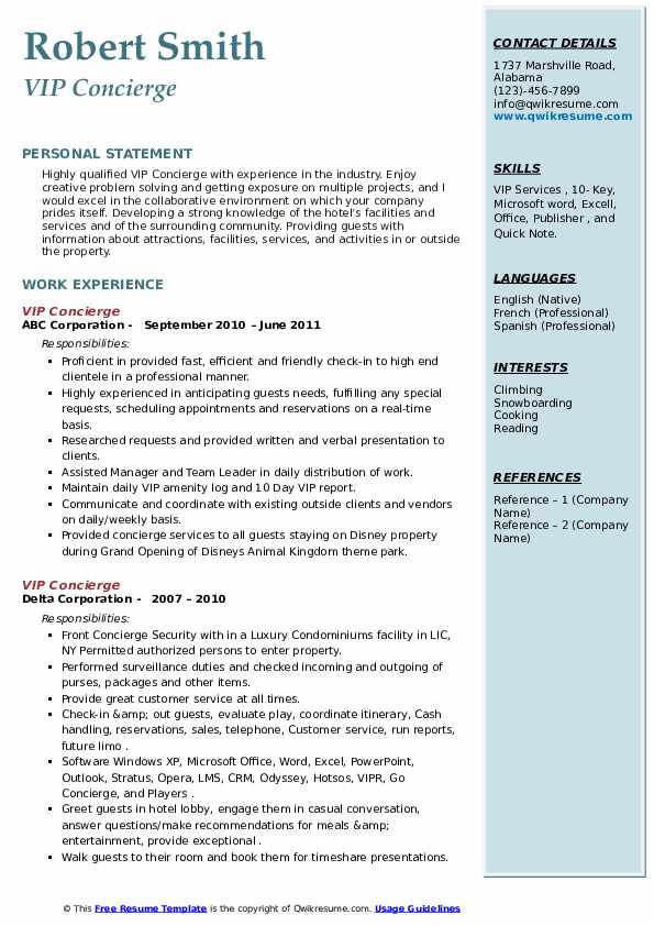 Vip Concierge Resume Samples | Qwikresume