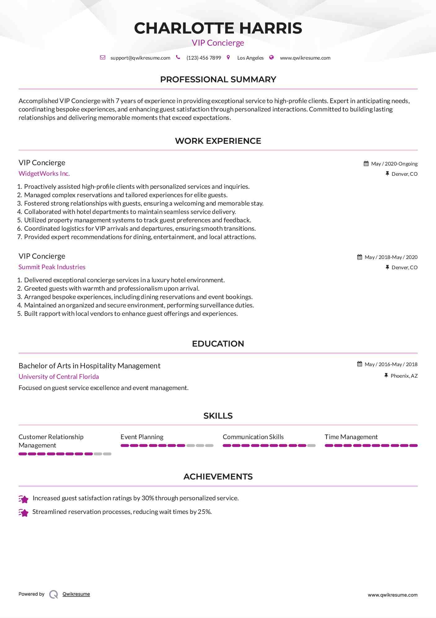 Vip Concierge Resume Samples | Qwikresume
