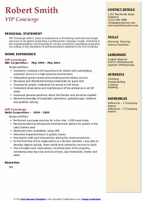 VIP Concierge Resume Samples | QwikResume