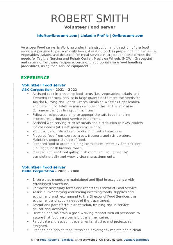 Volunteer Food server Resume Samples | QwikResume