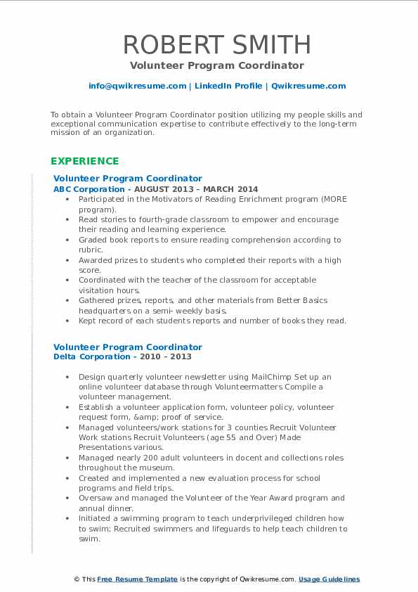 Volunteer Program Coordinator Resume Samples | QwikResume