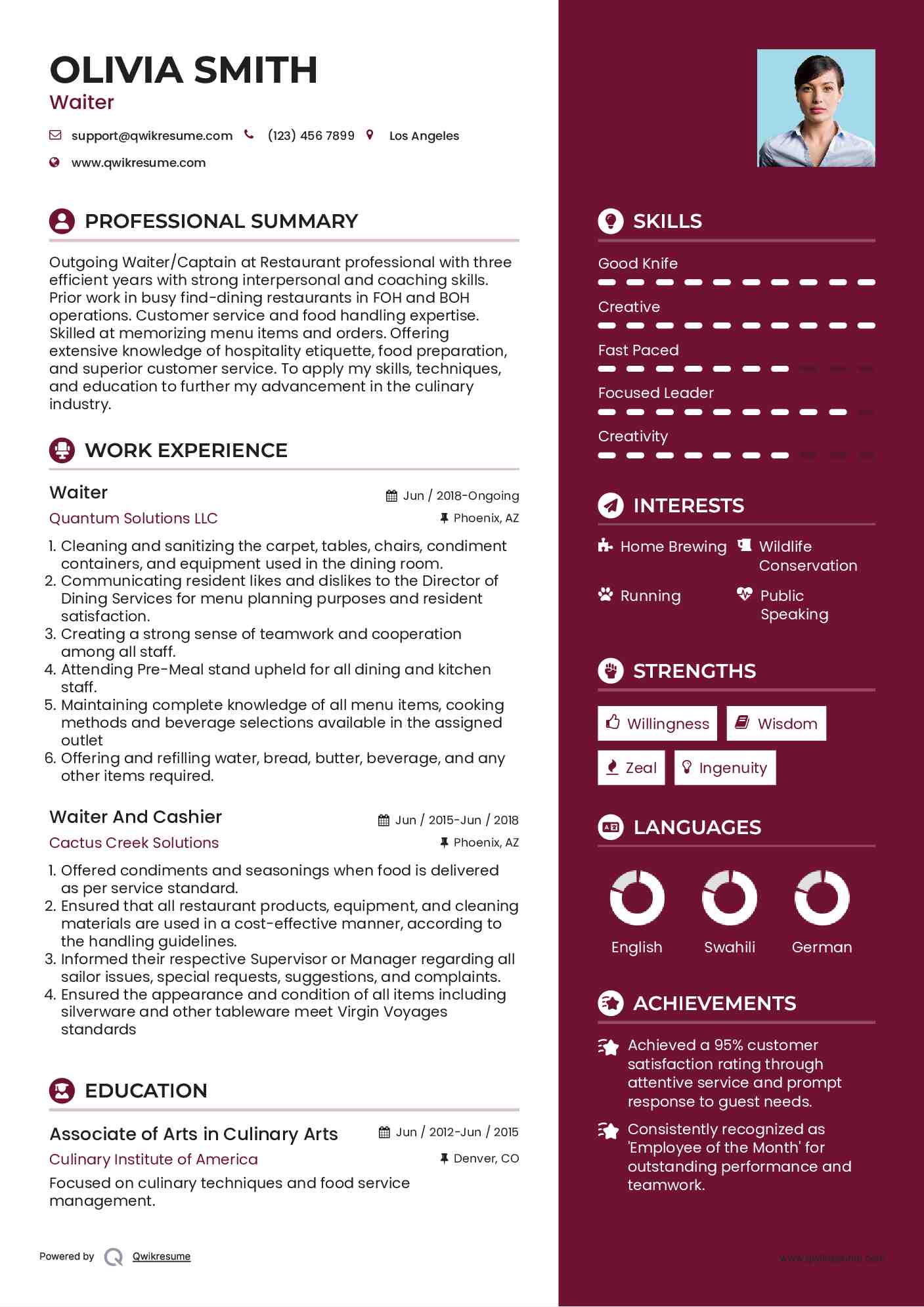 Waiter Resume Samples QwikResume