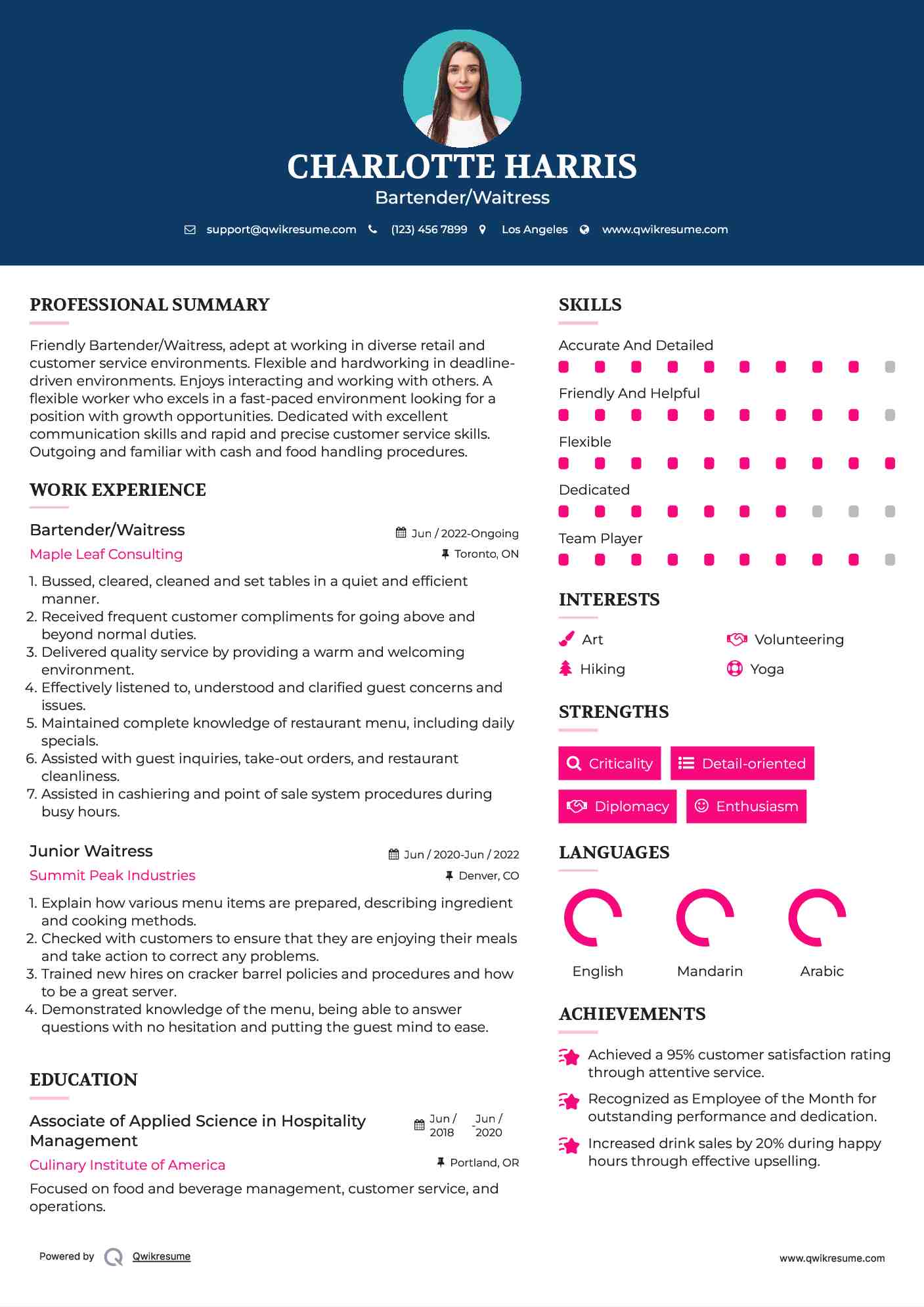 Waitress Resume Samples QwikResume