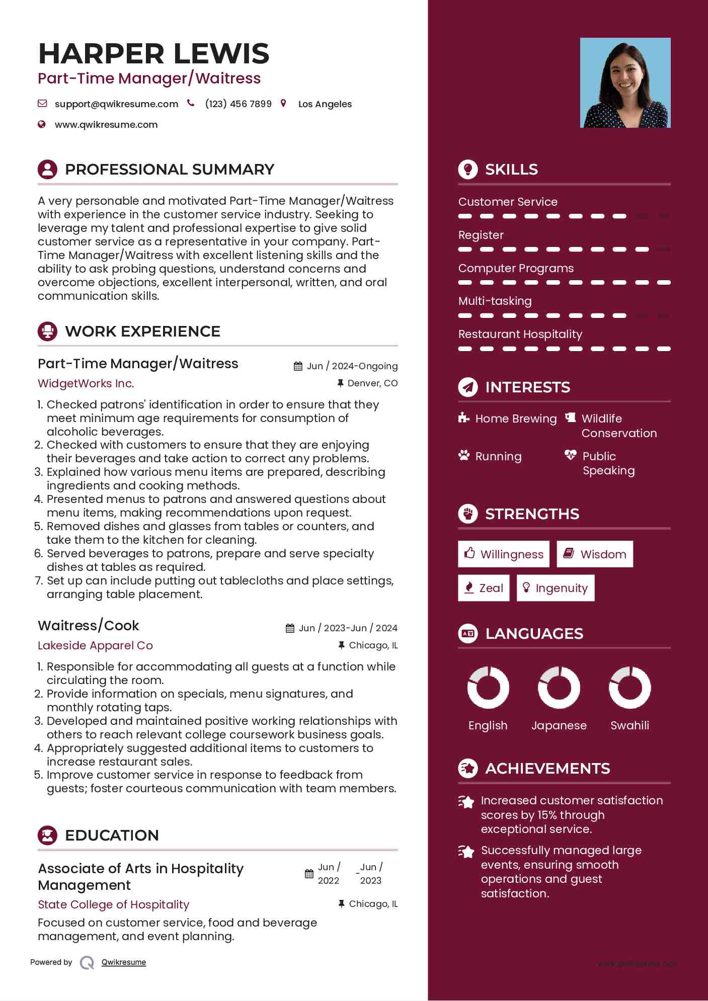 Waitress Resume Samples QwikResume