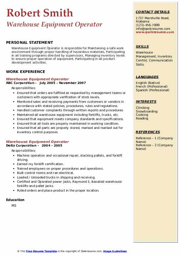 Warehouse Equipment Operator Resume Samples | QwikResume