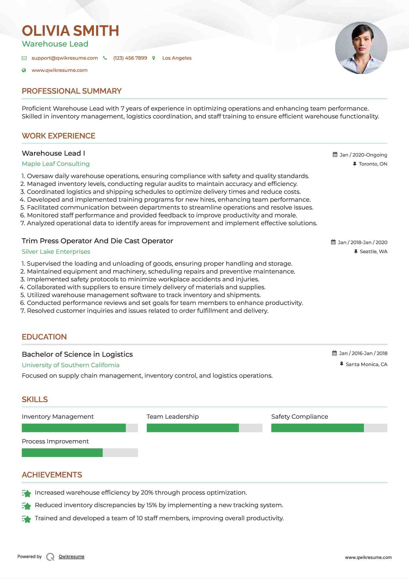 Warehouse Lead Resume Samples QwikResume