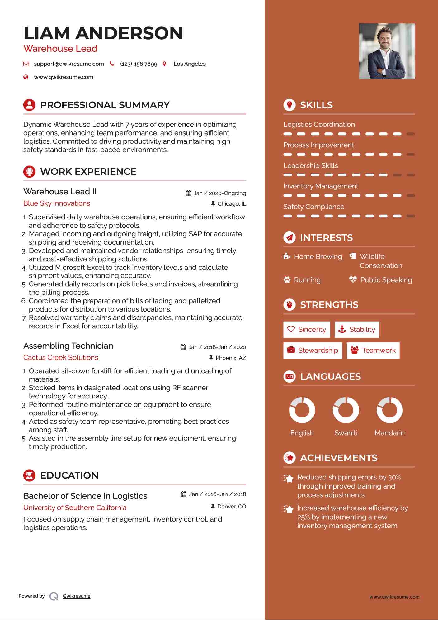 Warehouse Lead Resume Samples QwikResume