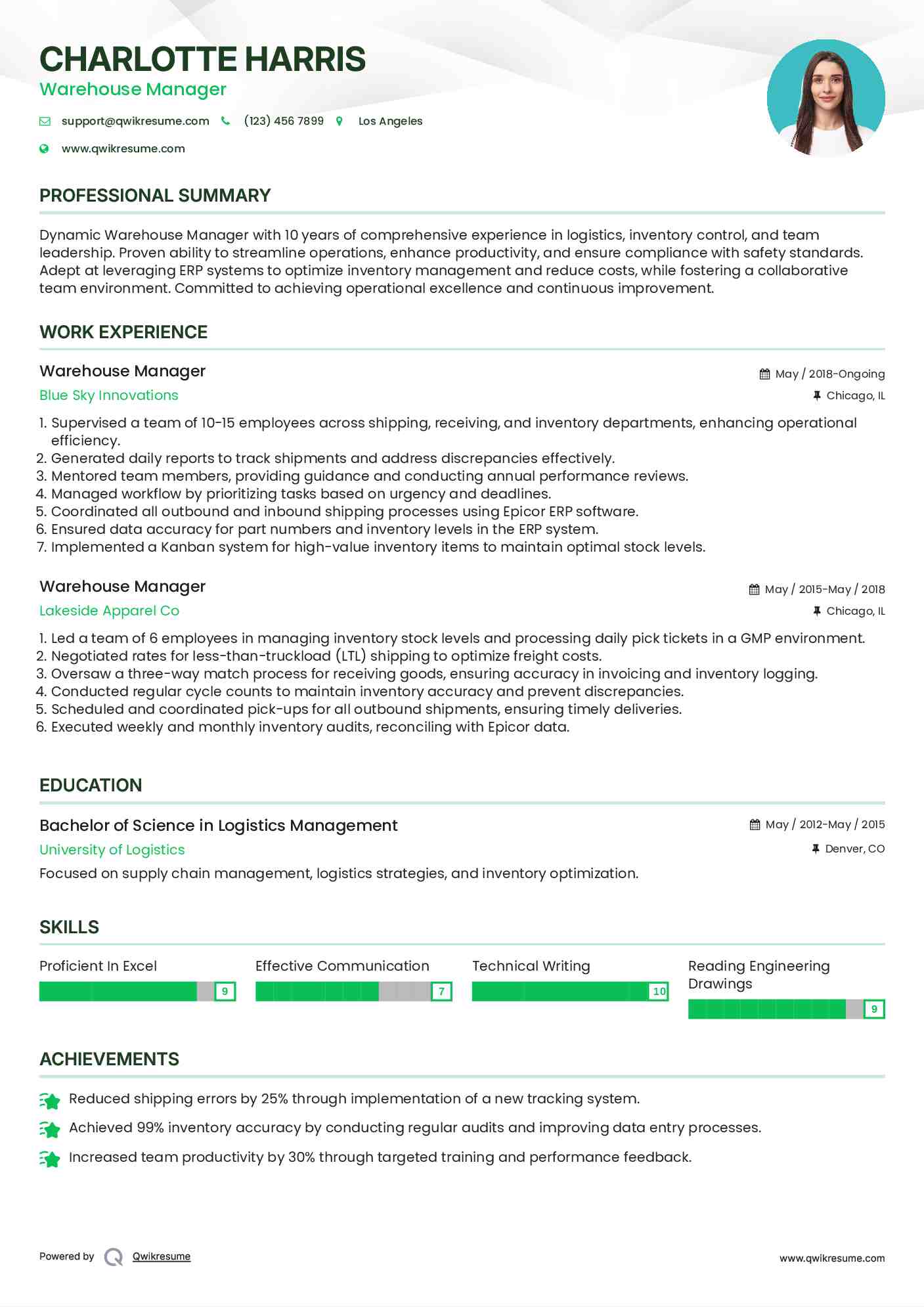 Warehouse Manager Resume Samples QwikResume