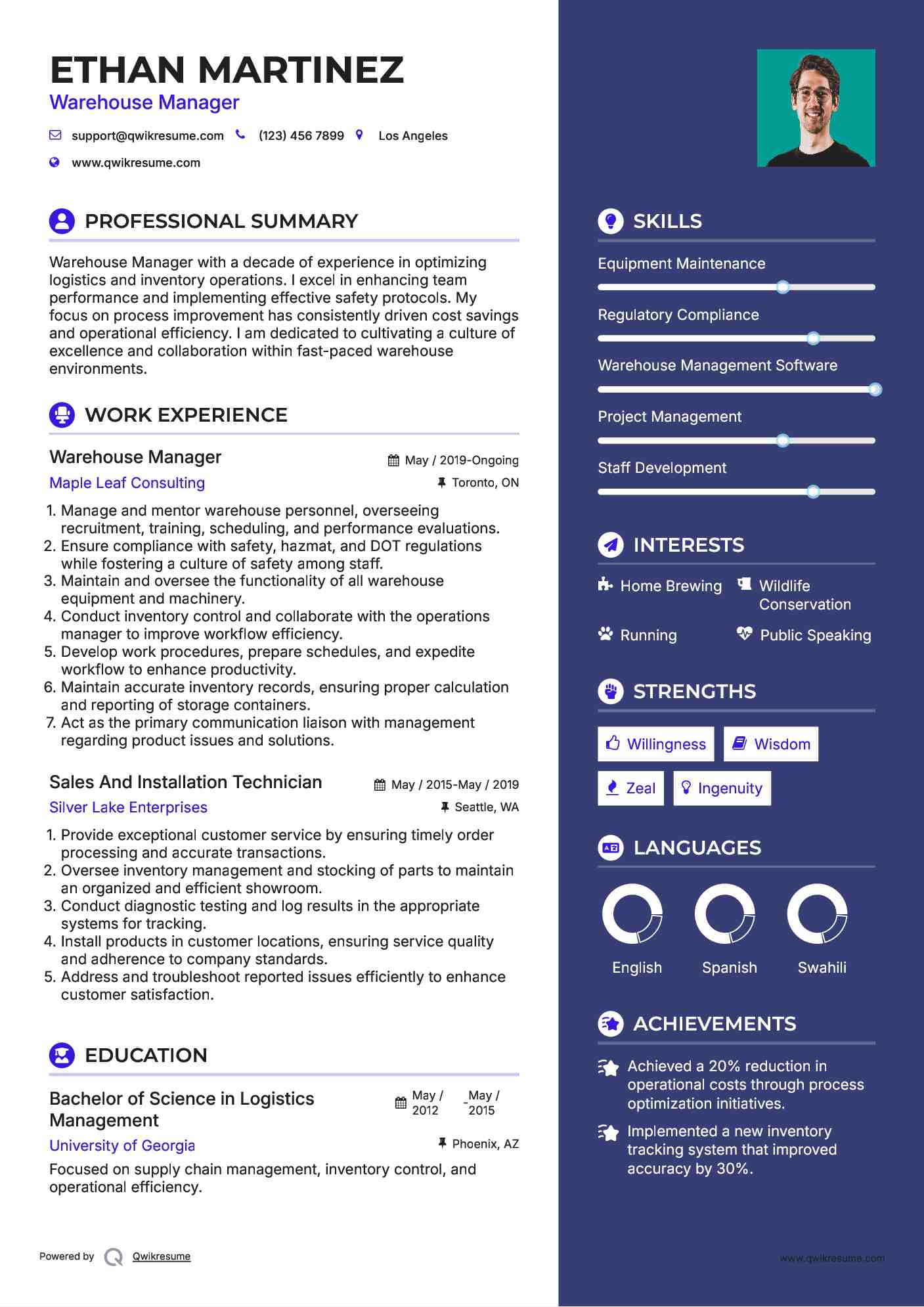 Warehouse Manager Resume Template Free