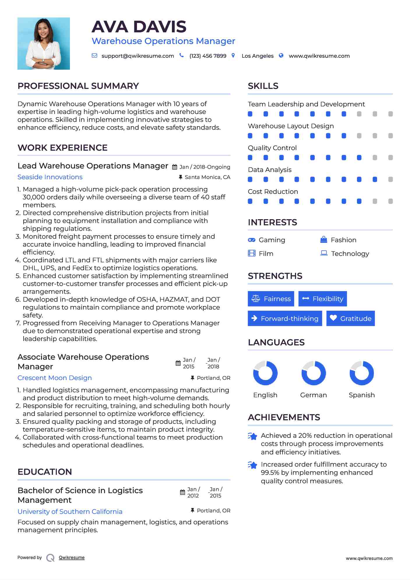 Warehouse Operations Manager Resume Samples QwikResume