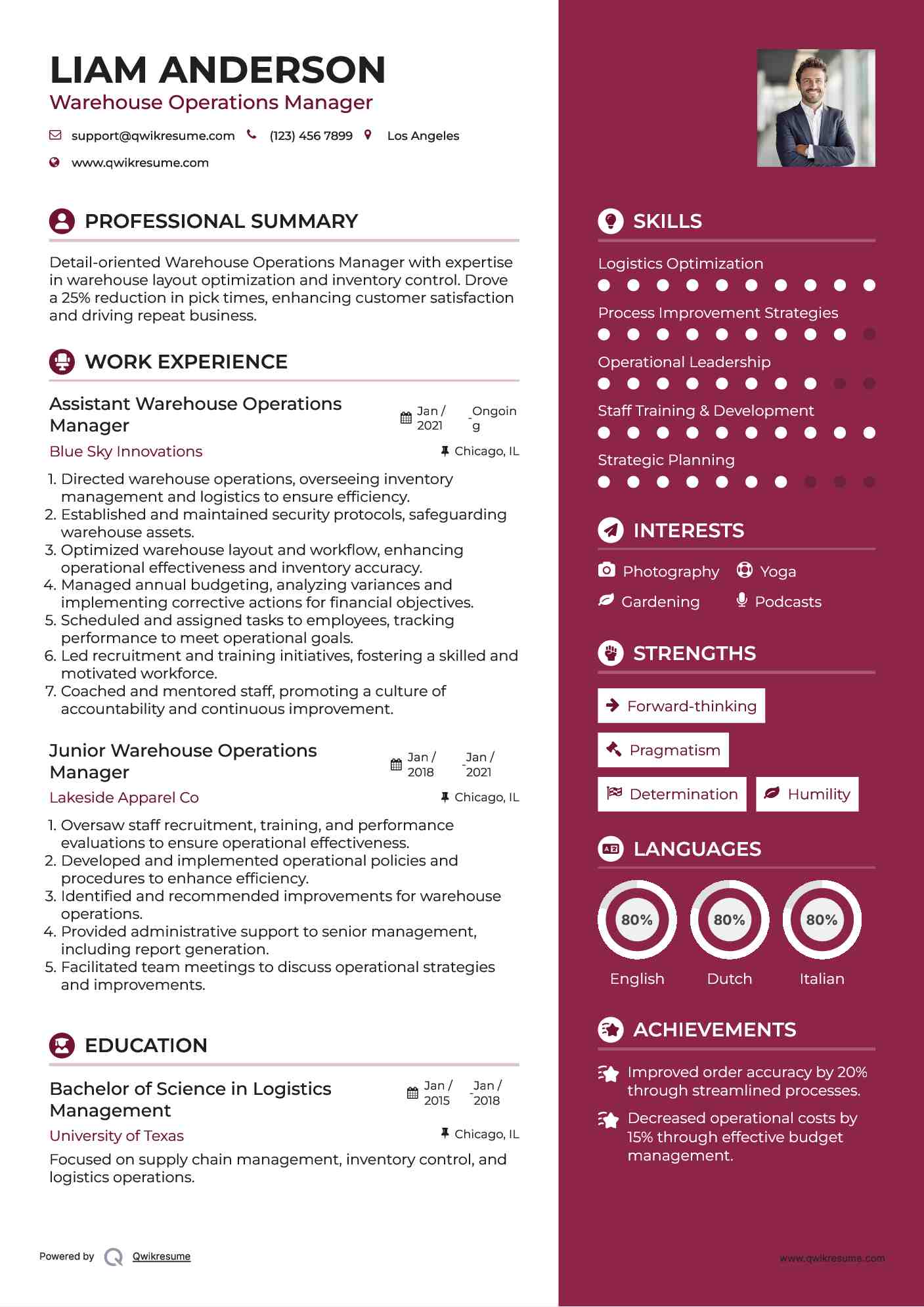 Warehouse Operations Manager Resume Samples QwikResume