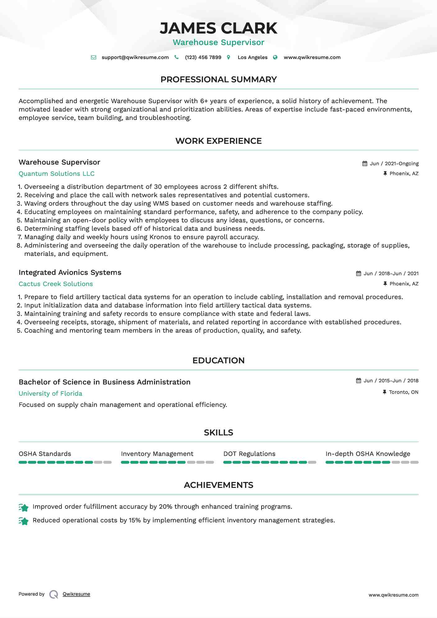 Warehouse Supervisor Resume Samples QwikResume