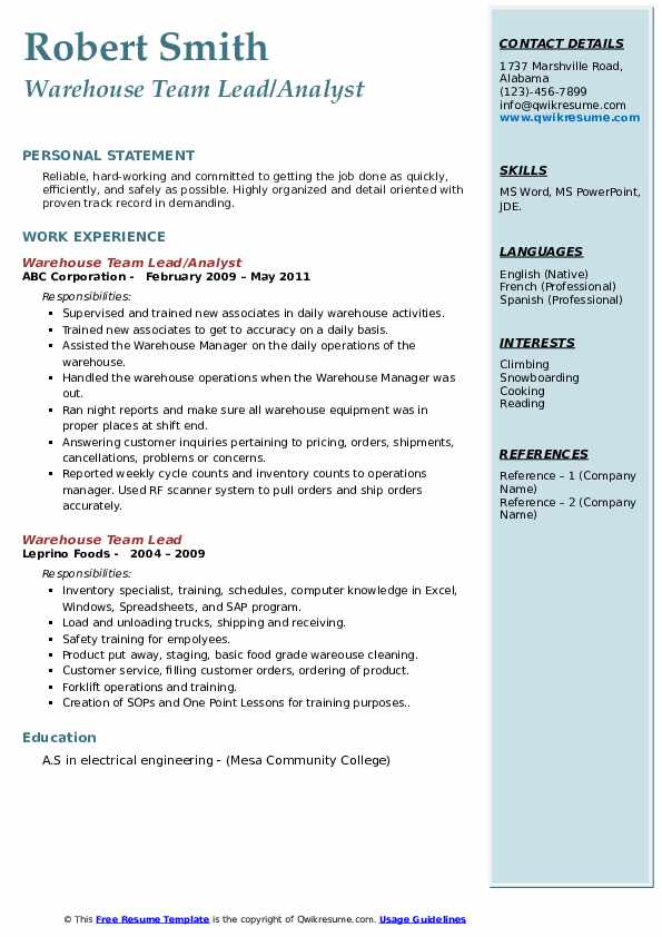 warehouse-team-lead-resume-samples-qwikresume