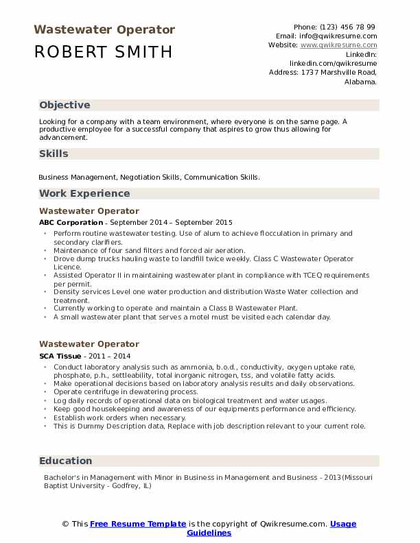 Wastewater Operator Resume Samples | QwikResume
