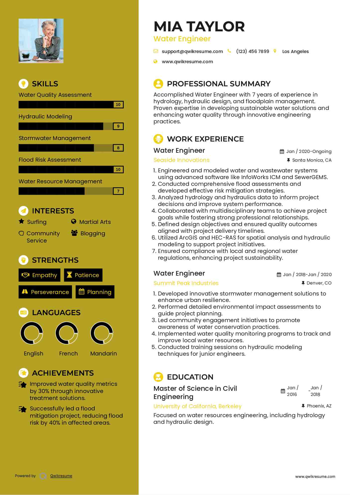 Water Engineer Resume Samples | QwikResume