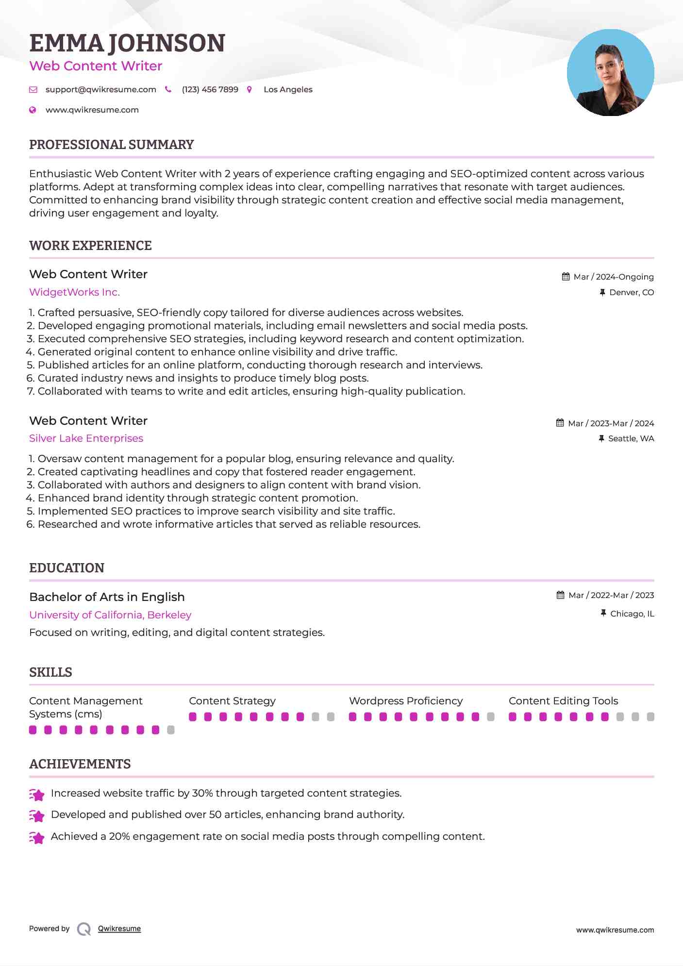 Web Content Writer Resume Samples QwikResume