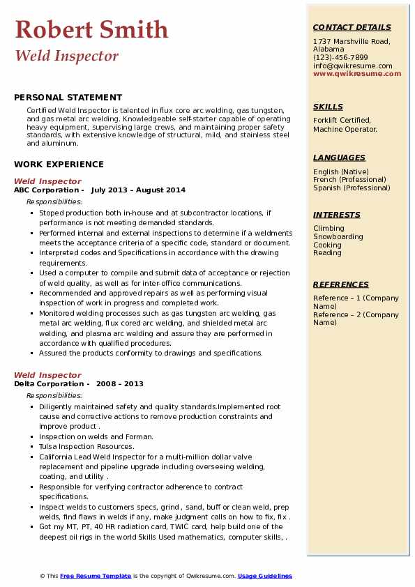 Weld Inspector Resume Samples | QwikResume