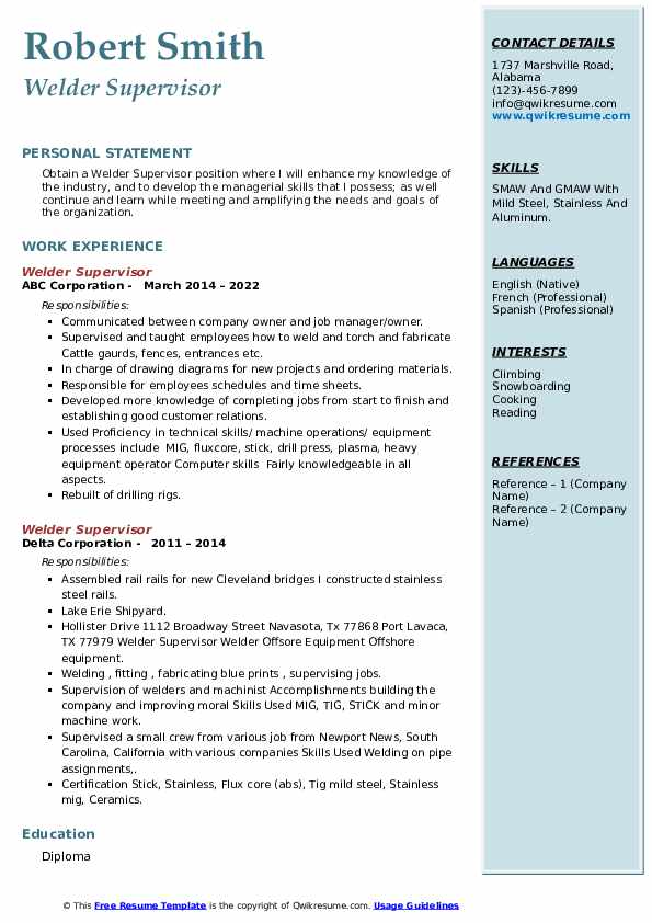 Welder Supervisor Resume Samples | QwikResume