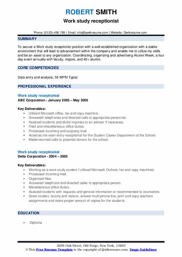 Work Study Receptionist Resume Samples | Qwikresume