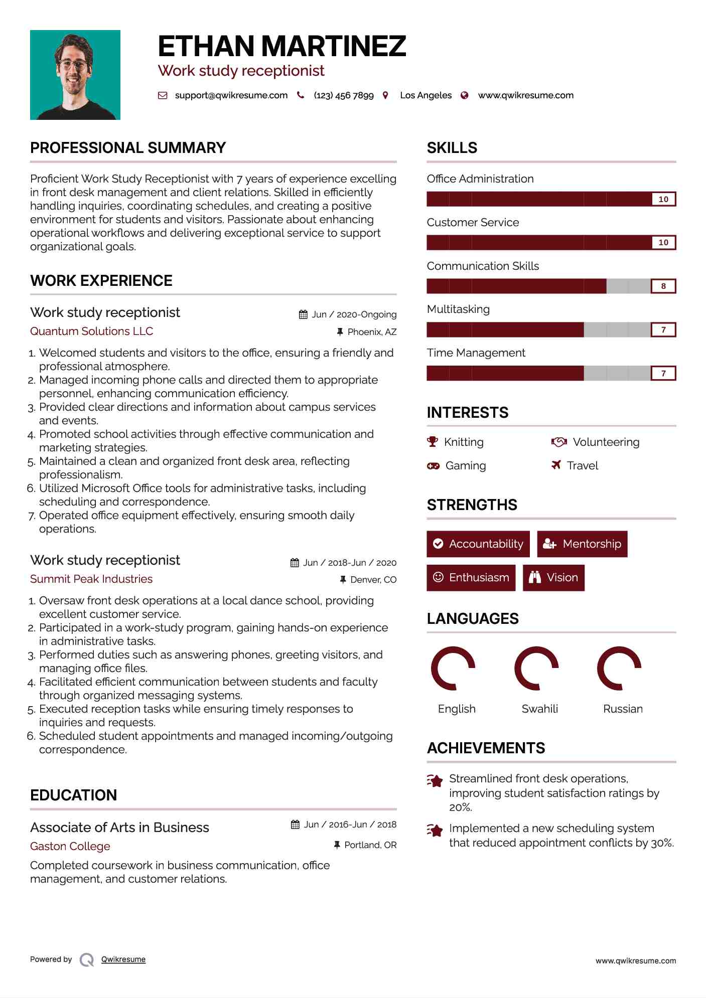 Work Study Receptionist Resume Samples | Qwikresume