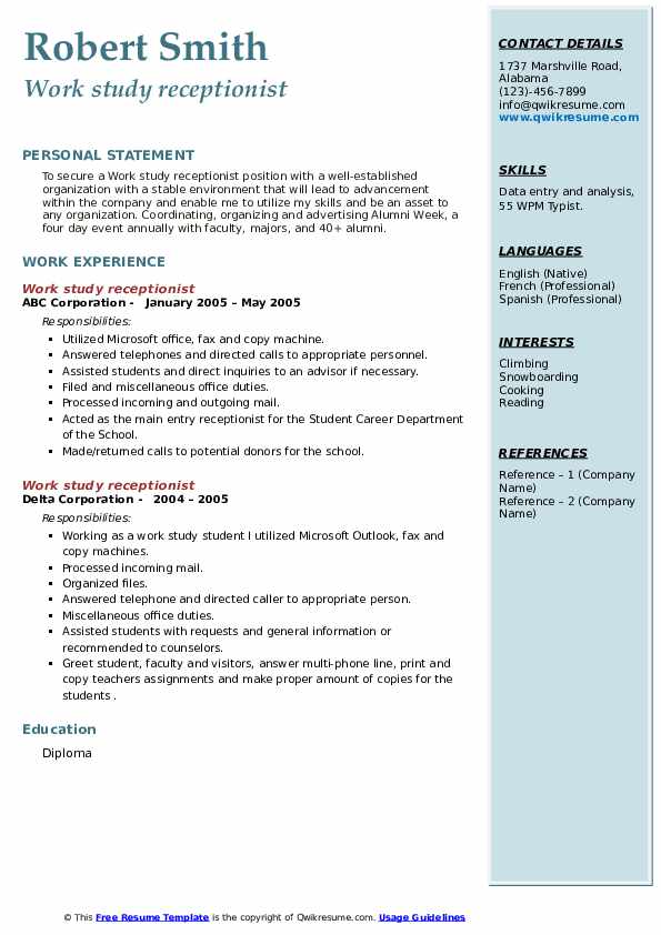 Work Study Receptionist Resume Samples | Qwikresume