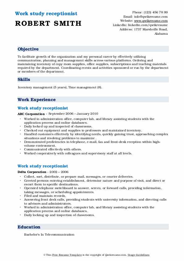 Work Study Receptionist Resume Samples | Qwikresume