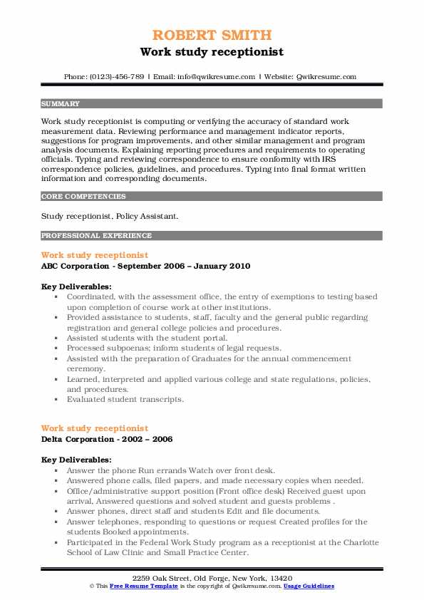 Work Study Receptionist Resume Samples | Qwikresume
