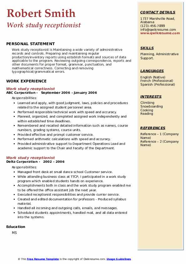 Work Study Receptionist Resume Samples | Qwikresume