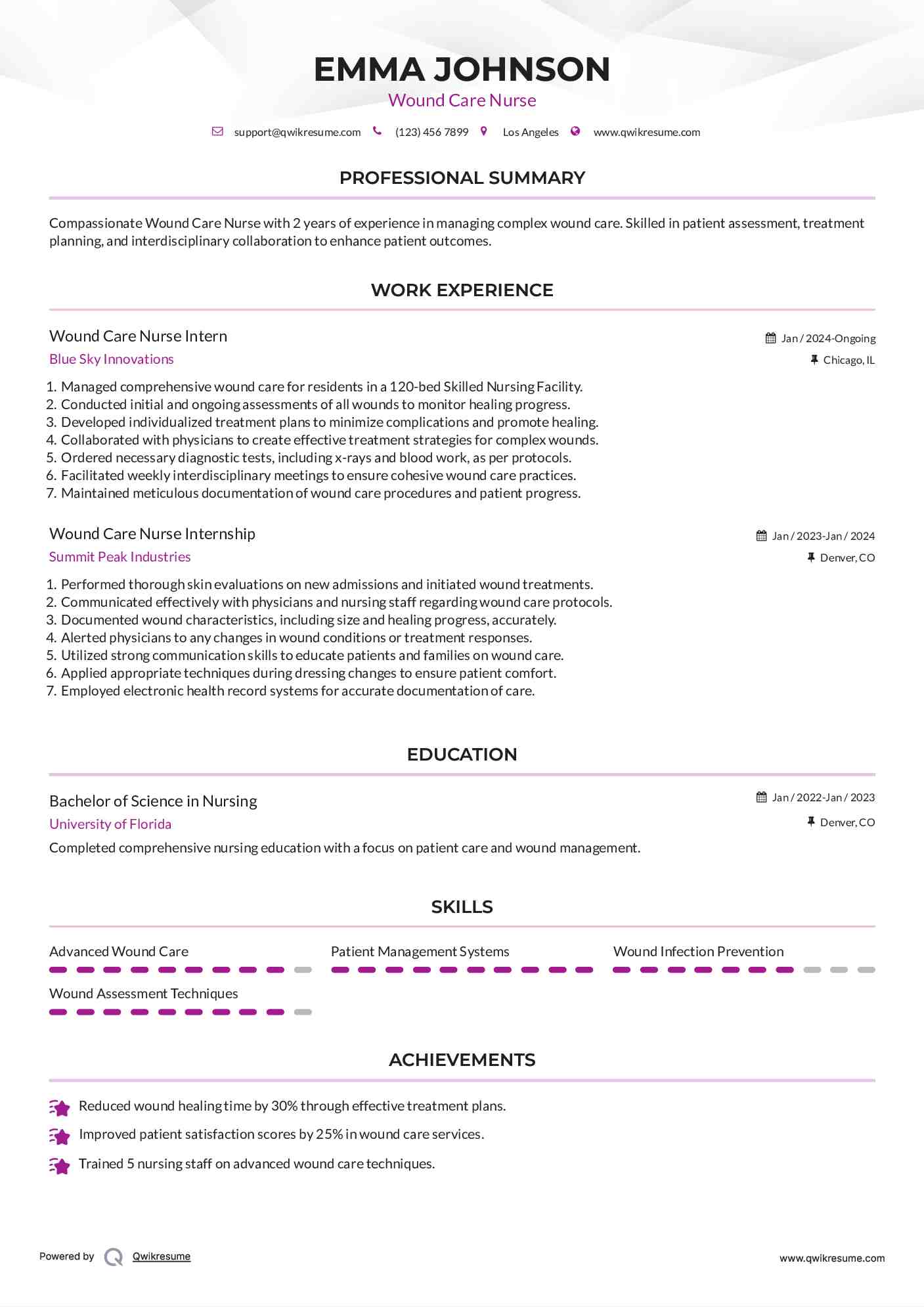 Wound Care Nurse Resume Samples QwikResume