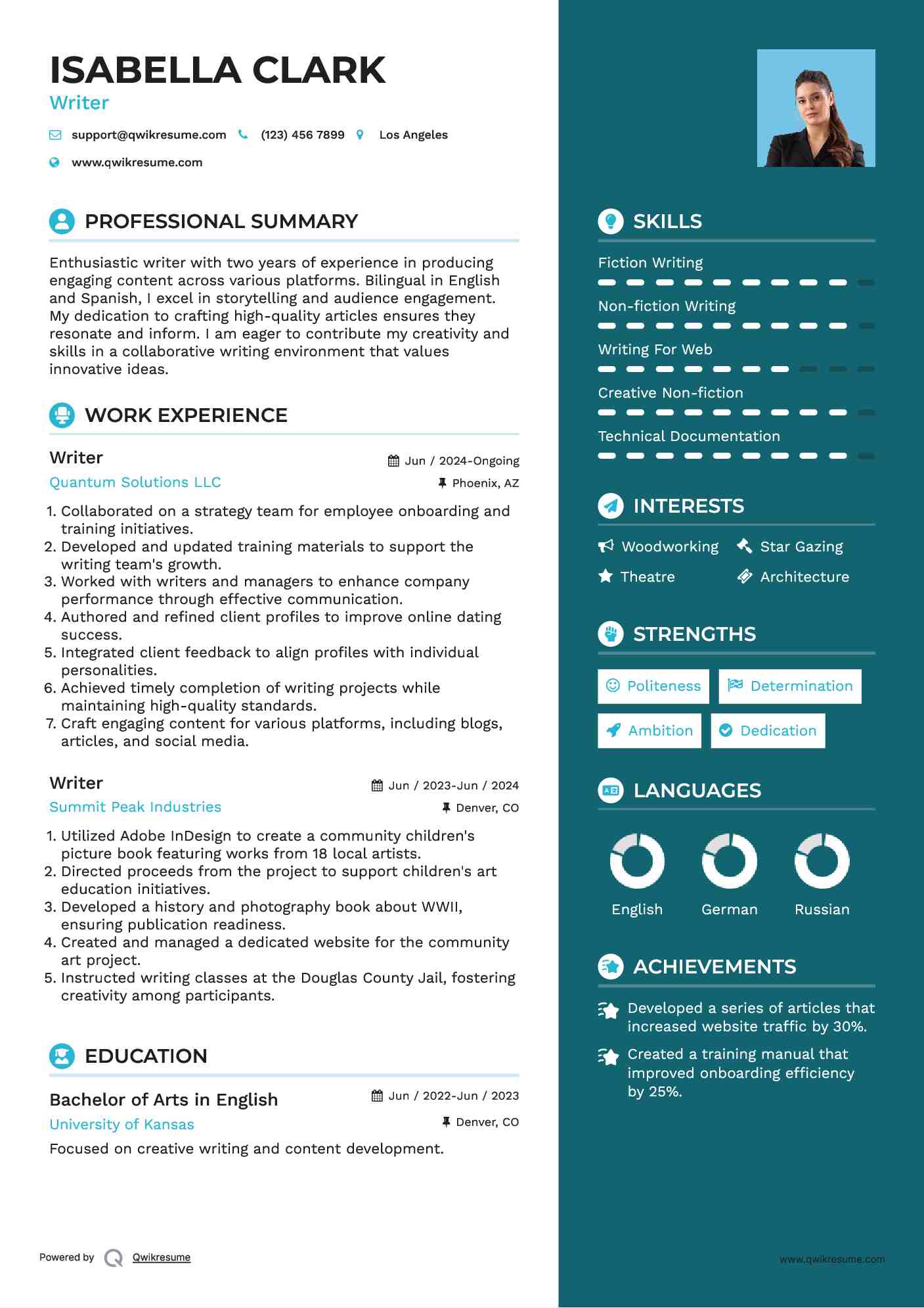 Writer Resume Samples QwikResume