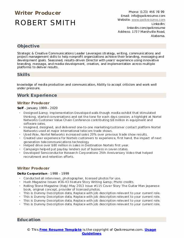 Writer Producer Resume Samples | QwikResume
