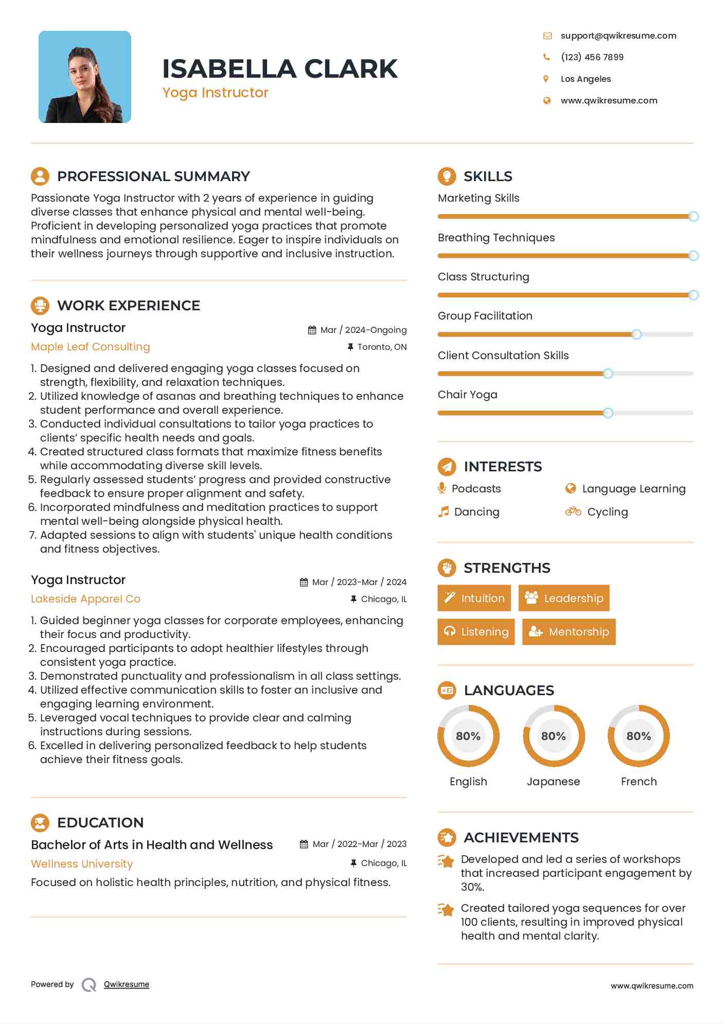 Yoga Instructor Resume Samples QwikResume