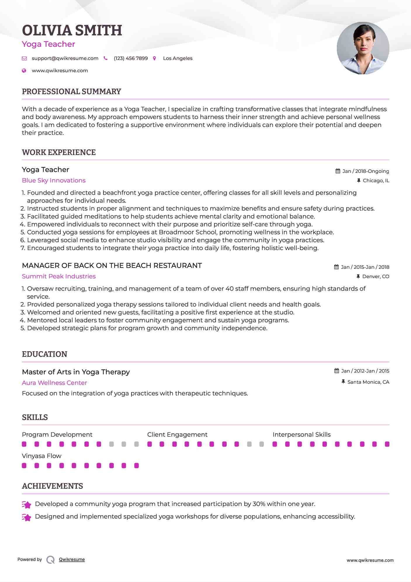 Yoga Teacher Resume Samples QwikResume