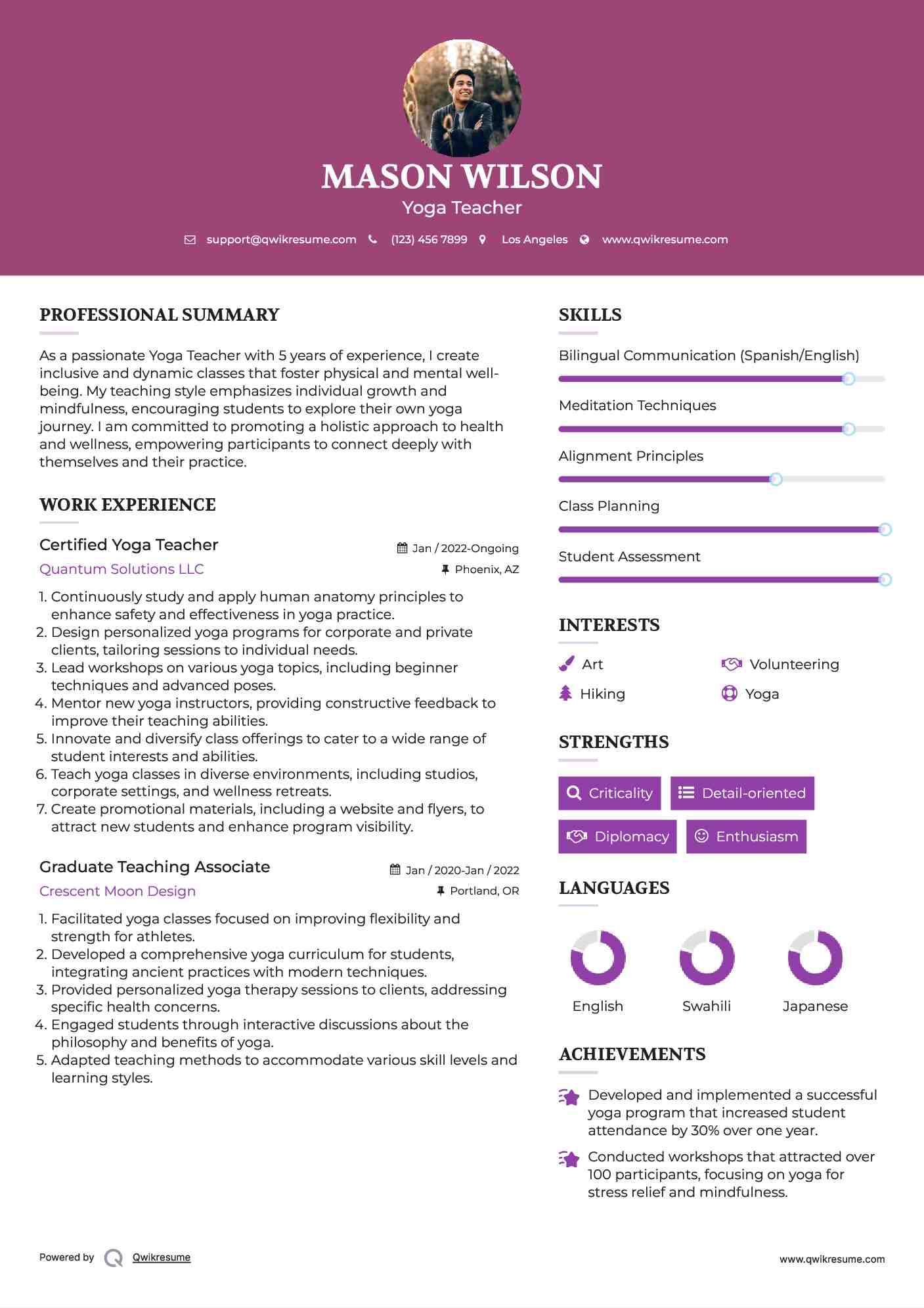 Yoga Teacher Resume Samples QwikResume