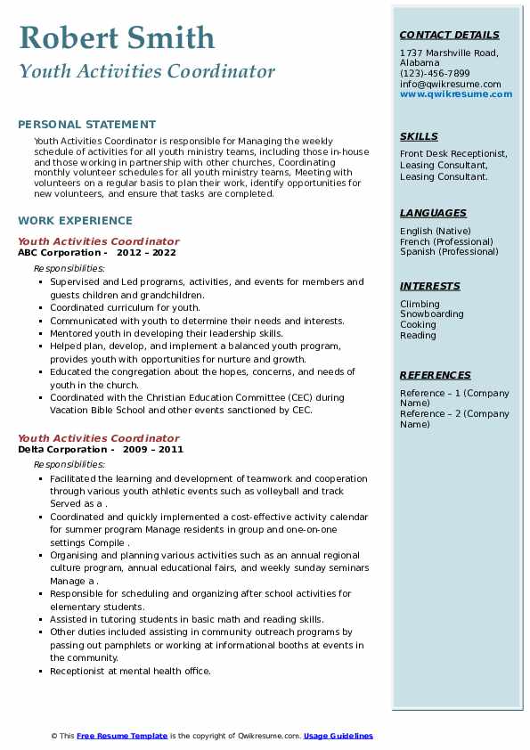 Youth Activities Coordinator Resume Samples | QwikResume
