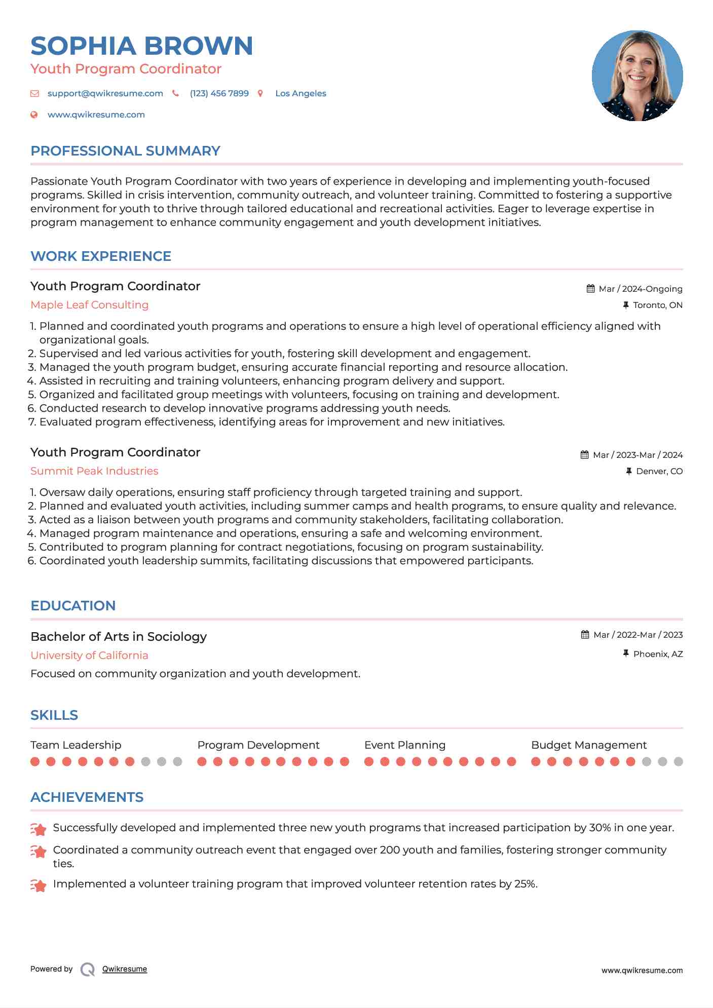Youth Program Coordinator Resume Samples QwikResume